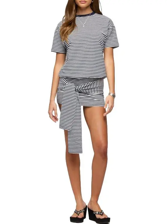 EDIKTED Ardeney Stripe Tie Waist T-shirt Minidress - Navy