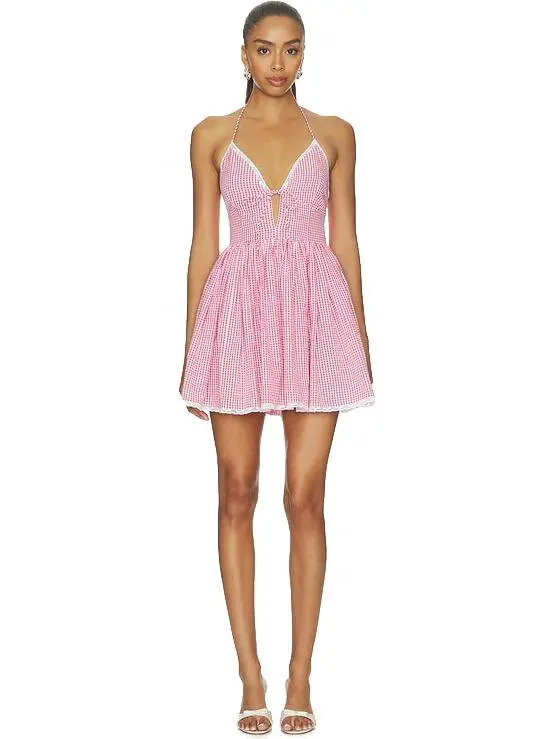 LoveShackFancy Khloe Dress Gingham Check Halterneck Mini Dress - Red