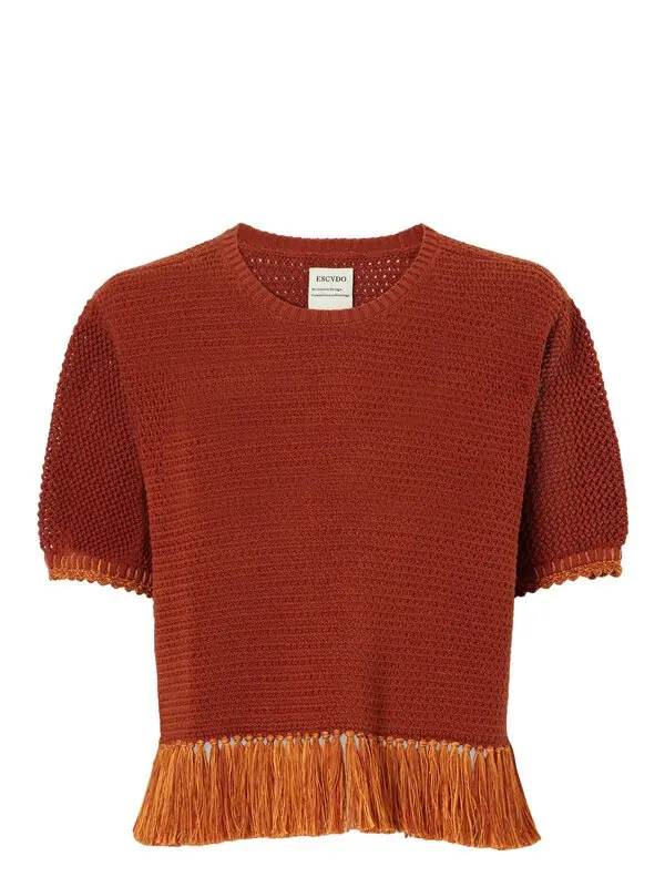 Escvdo Amada Crocheted Cotton T-shirt With Fringe - Red