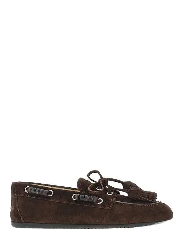 Miu Miu Suede Leather Deck Loafers With Tassels And Wooden Beads - Brown