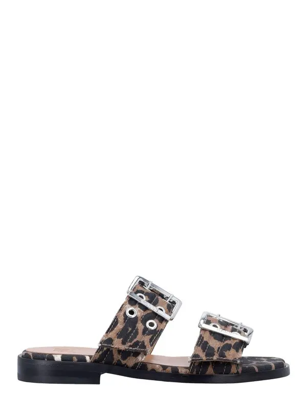 GANNI Leopard Print Buckle Two-strap Flat Sandals - Brown