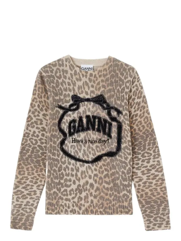 GANNI Leopard Print Graphic Knit Sweater - Beige