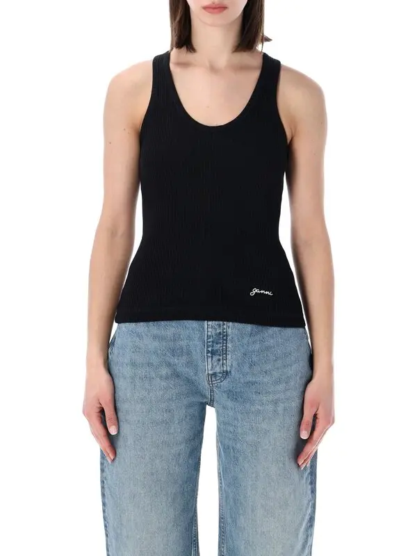 GANNI Ribbed Scoop Neck Tank Top - Black