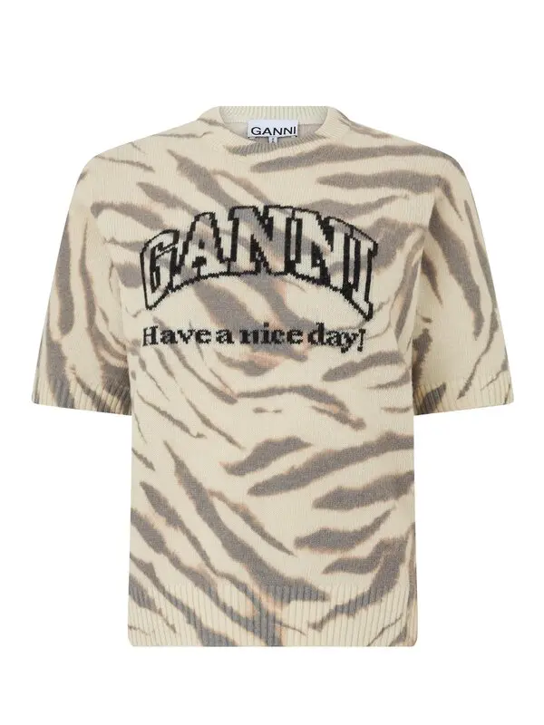GANNI Graphic Print Wool Blend Crewneck Sweater - Beige
