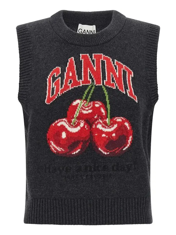 GANNI Cherry Graphic Knit Vest - Phantom