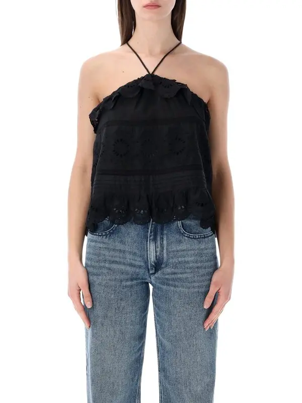 MARANT ETOILE Eyelet Embroidered Halterneck Ruffle Top - Black