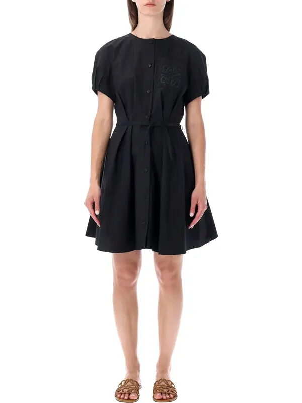 Loewe Mini Shirt Dress With Self-tie Belt And Embroidered Anagram - Nero