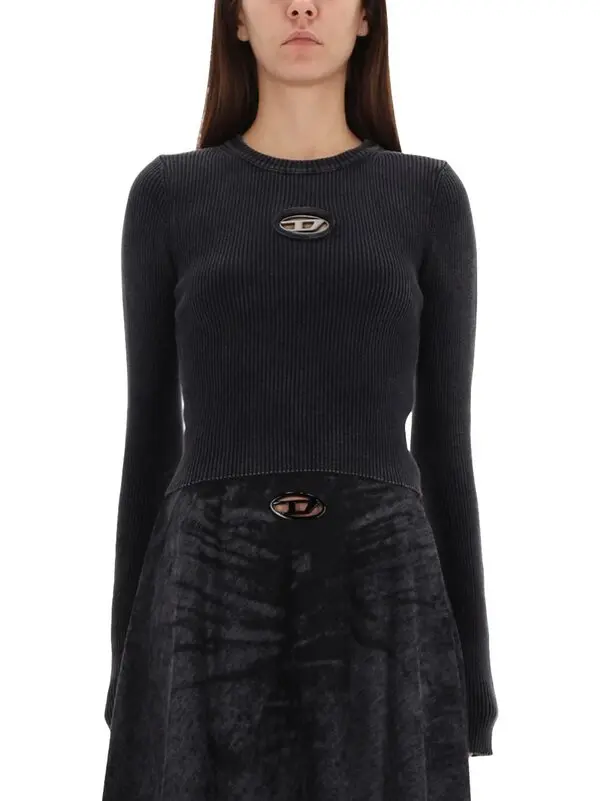 DIESEL® Ribbed Long Sleeve T-shirt With Emblem Detail - Black