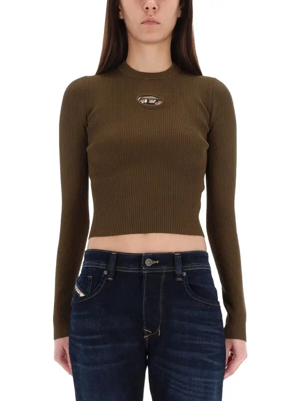 DIESEL® Ribbed Long Sleeve Fitted Knit Top - Brown