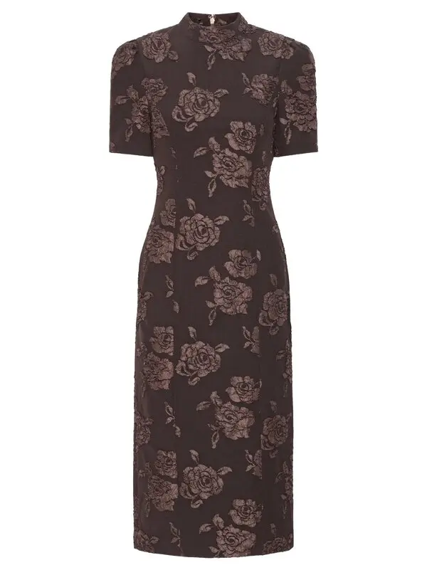 ROTATE BY BIRGER CHRISTENSEN Floral High Neck Jacquard Midi Dress - Marrone