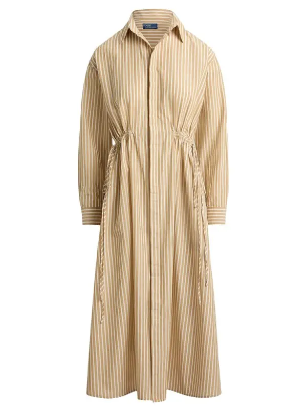 Polo Ralph Lauren Button-down Long Sleeve Dress With Self-drawcord Ties Size - Beige