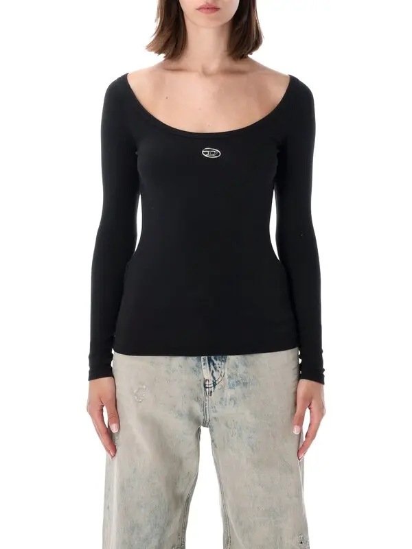 DIESEL® Black Cotton Elastane Scoop Neck Long Sleeve T-shirt - Nero
