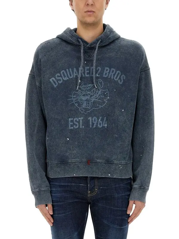 Dsquared2 Cotton Fleece Hoodie With Logo Print - Blue