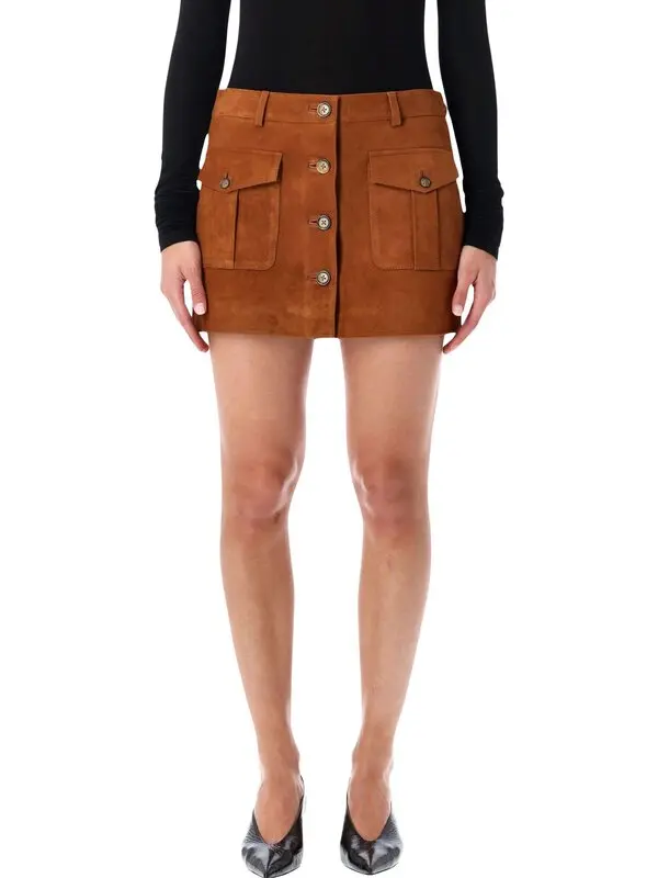 THE GARMENT Elegant Suede Mini Skirt With Decorative Buttons And Pockets - Hazelnut