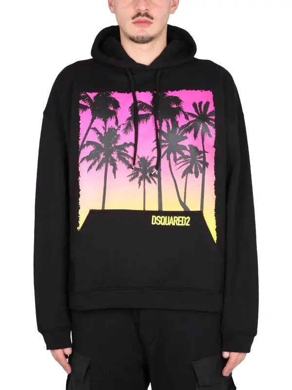 Dsquared2 Palm Tree Print Cotton Hoodie - Black