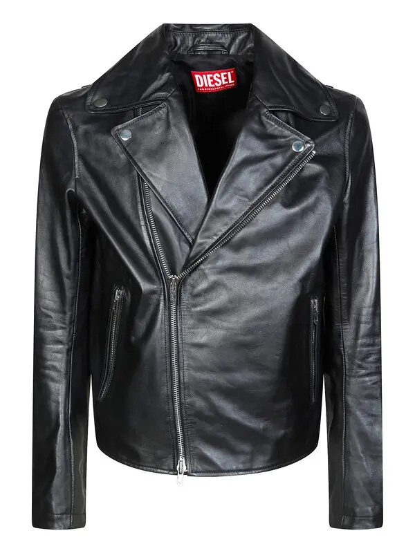 DIESEL® Waxed Leather Biker Jacket With Notched Lapel - Nero