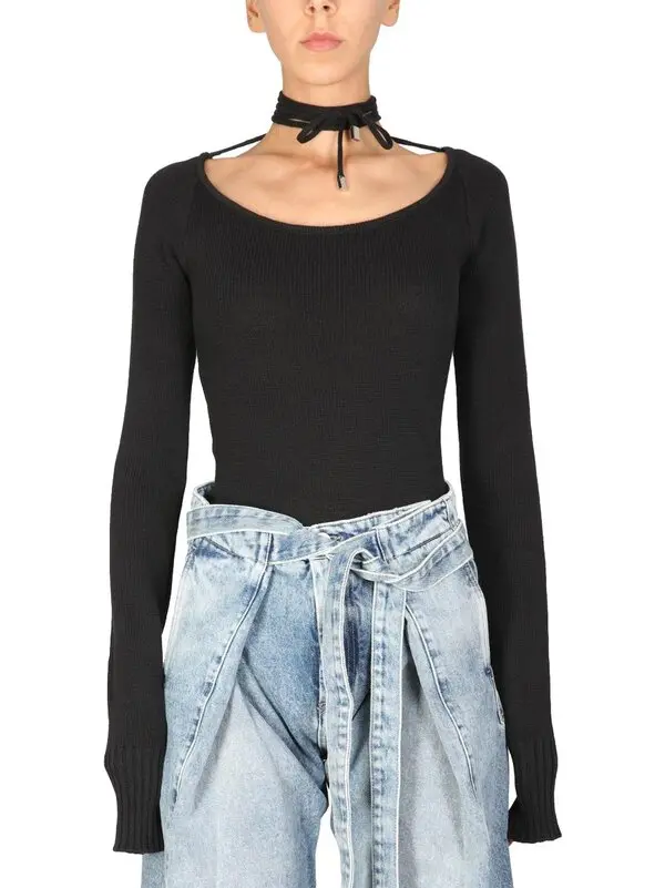 Attico Boat Neck Lace-up Sweater - Black