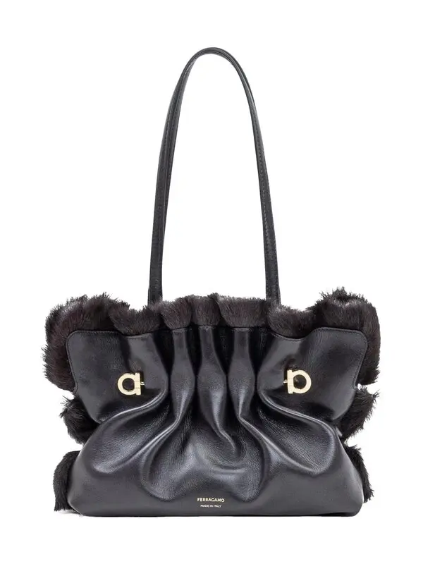 FERRAGAMO Soft Leather Tote Bag With Fur Trim - Moro