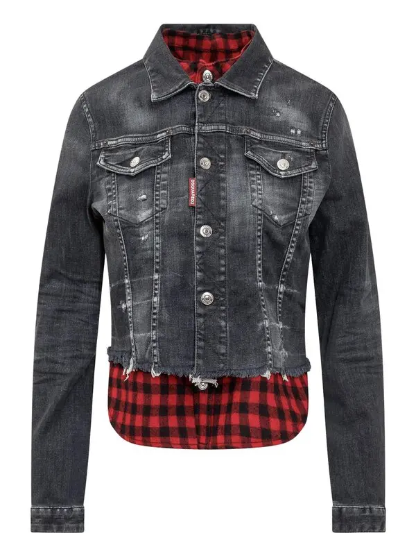 Dsquared2 Distressed Denim Jacket With Plaid Underlay - Nero