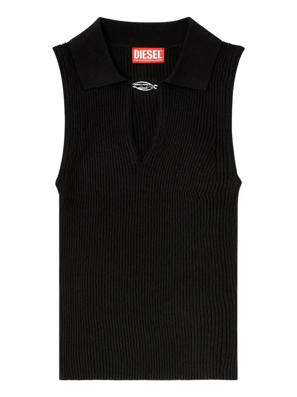 DIESEL® Sleeveless Ribbed Knit V-neck Top With Oval D-ring - Nero