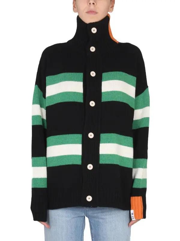 RIGHT FOR Striped Buttoned High Neck Cardigan - Multicolour