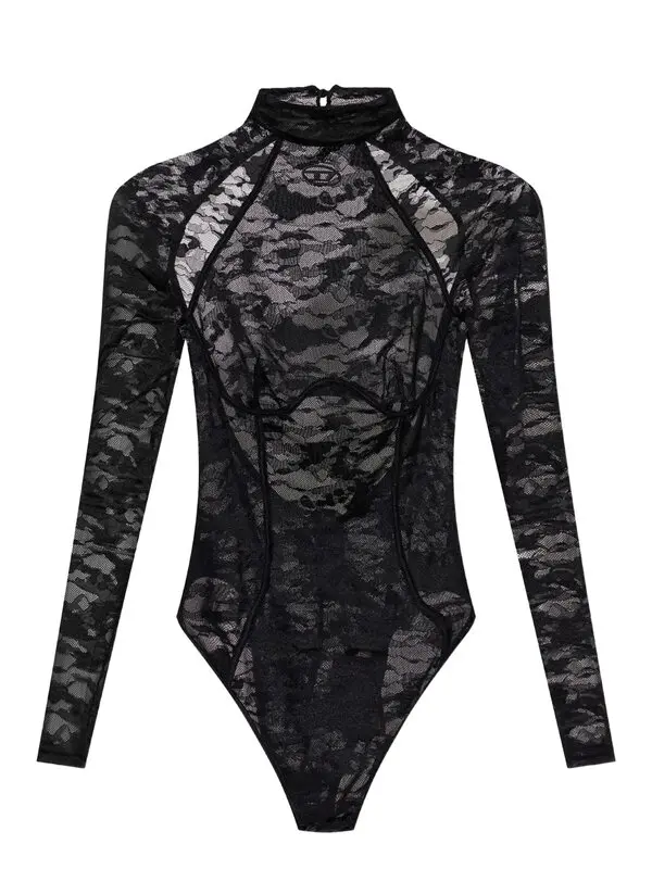 DIESEL® Black Lace Mock Neck Long Sleeve Bodysuit - Nero
