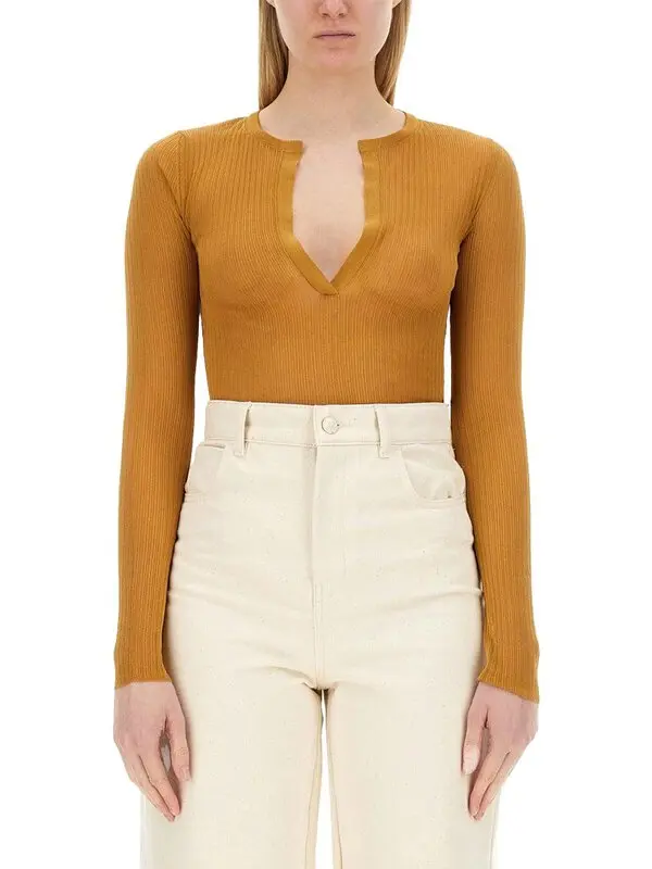 Max Mara Ribbed V-neck Long Sleeve Sweater - Buff