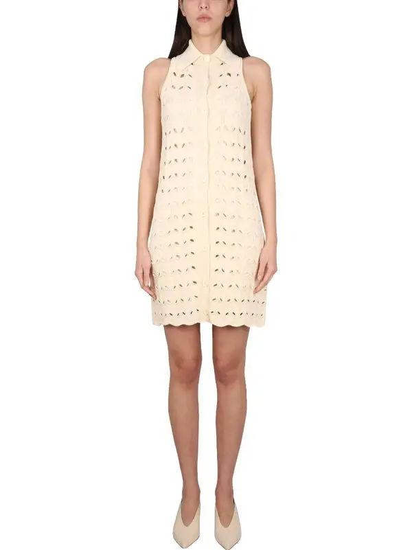 Max Mara Sleeveless Perforated Button-up Shirt Dress - White