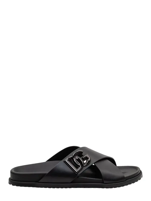 Dolce & Gabbana Leather Sandals With Dg Logo - Nero