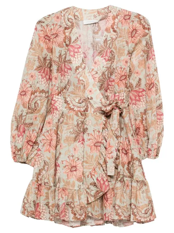 Zimmermann Gathered Sleeve Mini Dress With Self-tie Belt - Multicolor