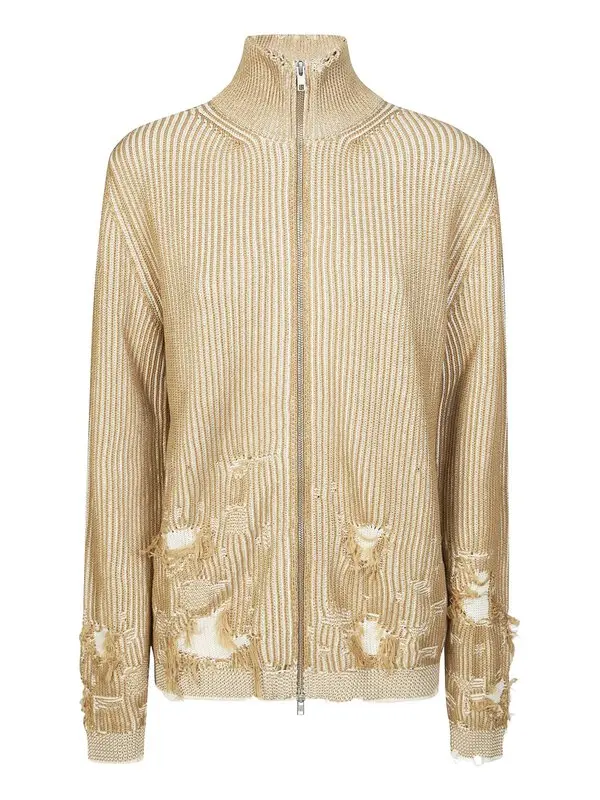 MAISON MARGIELA Ribbed Distressed Zip-up Cardigan - Beige