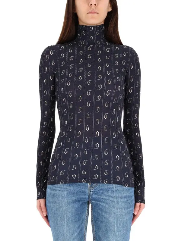 Tory Burch Printed Long Sleeve Turtleneck Top - Blue