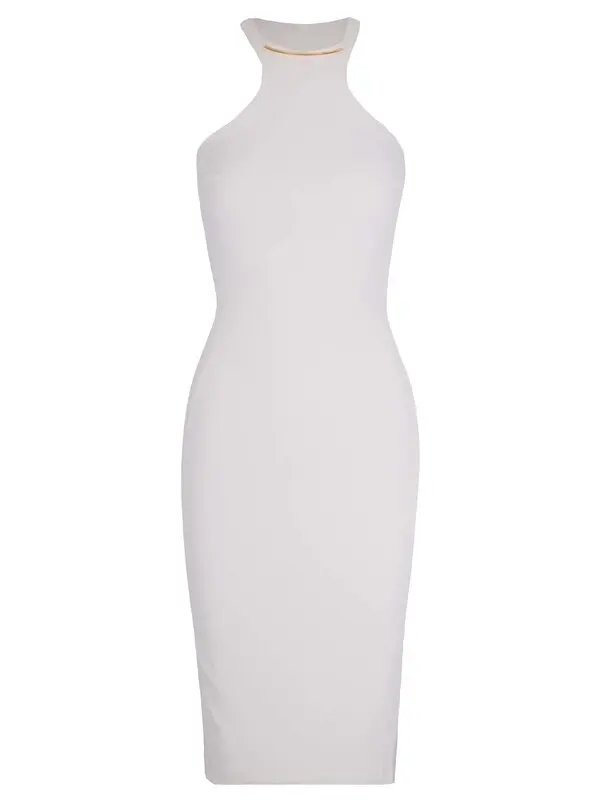 Elisabetta Franchi Sleeveless High-neck Midi Dress With Metallic Trim - Avorio