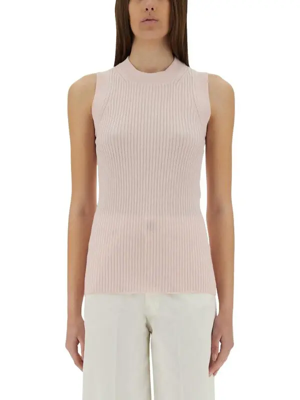 Sportmax Slim Fit Ribbed Mock Neck Top - Pink