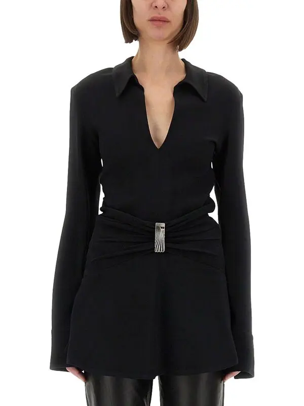 Attico Long-sleeved Mini Dress With Metal Buckle Detail - Black