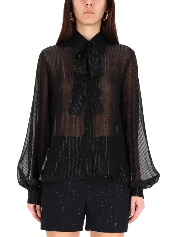 Max Mara Striped Silk Chiffon Shirt With Pussy Bow - Black