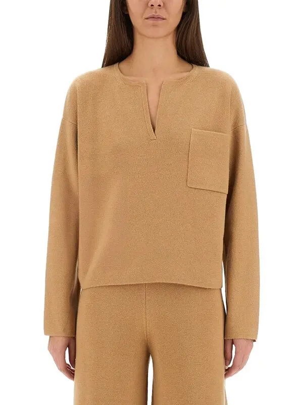 Max Mara Wool And Cashmere Blend Top With Pocket - Beige