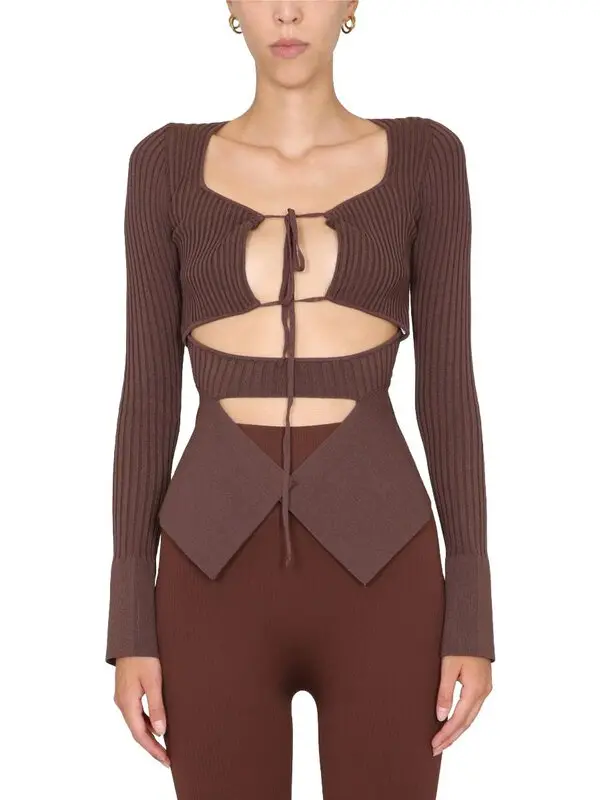 ANDREĀDAMO Ribbed Wide Neckline Top With Front Tie Detail - Brown