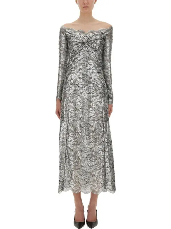 Rabanne Lace Maxi Dress With Off-the-shoulder Neckline - Silver