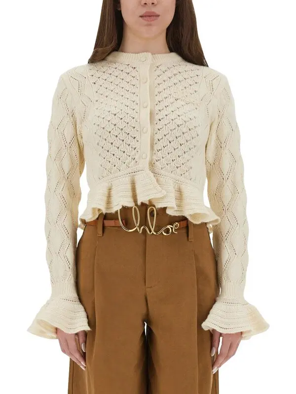 Chloé Knit Cardigan With Ruffled Hem And Cuffs - Ivory