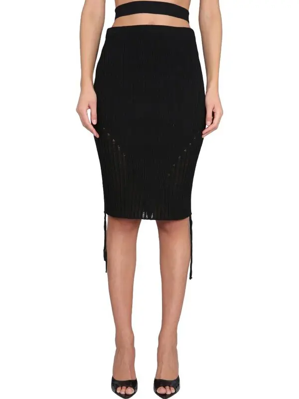ANDREĀDAMO Ribbed Midi Skirt With Tie Detailing - Black