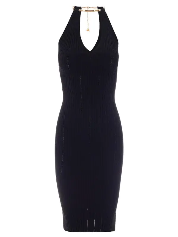 Elisabetta Franchi Ribbed Halterneck Midi Dress With Chain Detail - Nero