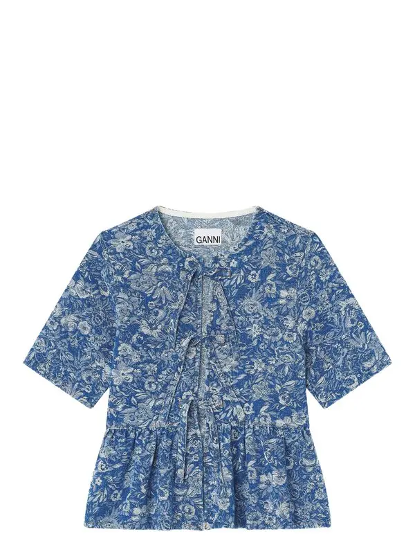 GANNI Round Neckline Tie-front Top - Blue