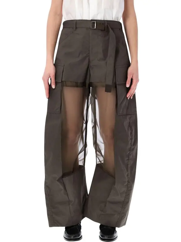 Sacai Layered Cargo Trousers With Sheer Overlay - Dark Khaki