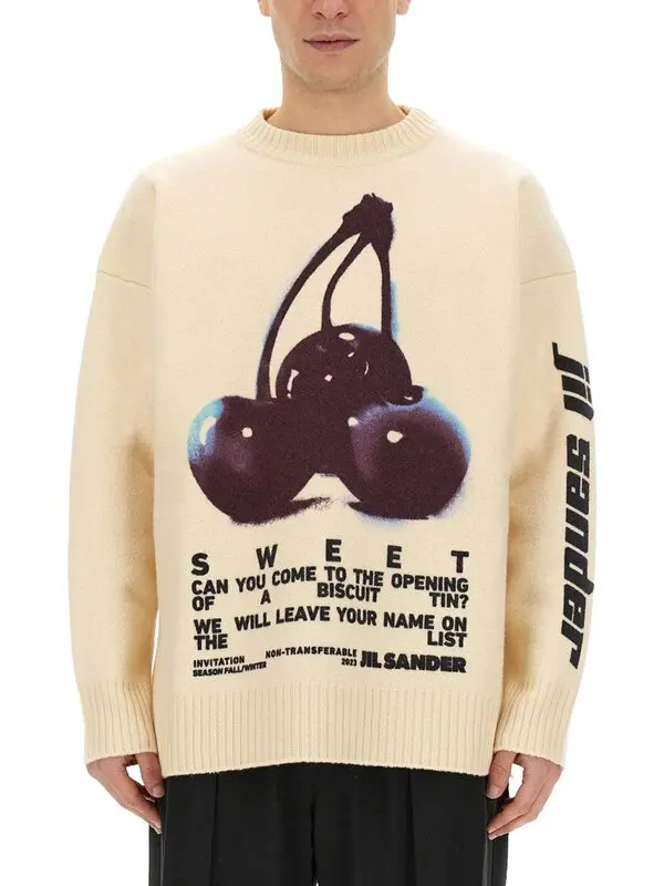 JIL SANDER Wool Cherry Graphic Crewneck Sweater - Beige
