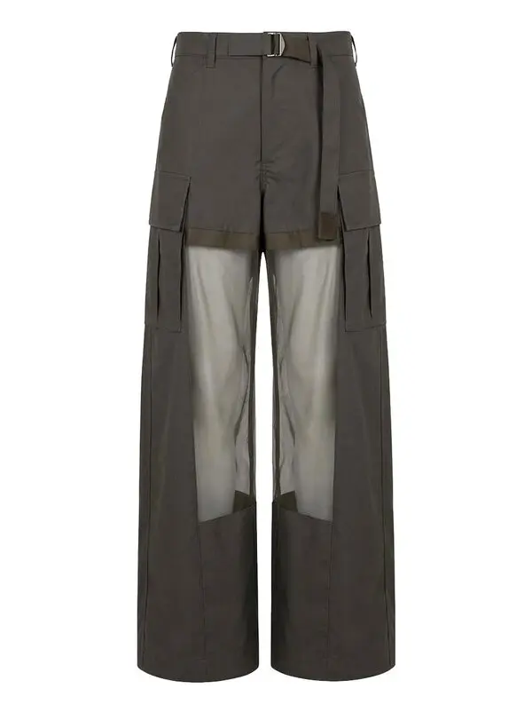 Sacai Cotton Cargo Pants With Sheer Insets And Belt Detail - D/khaki