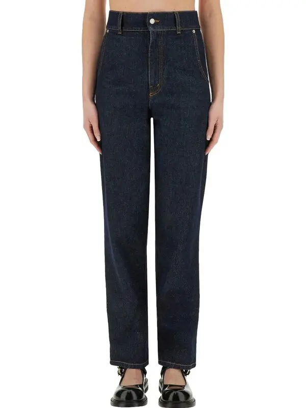 Moschino Straight Fit Denim Pants With Laurel Crown Patch - Blue