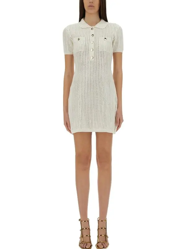 SELF-PORTRAIT Crochet Knit Mini Dress With Button Details - Ivory
