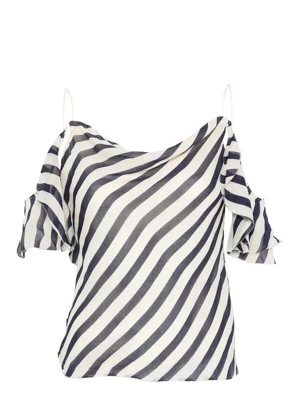 SELF-PORTRAIT Striped Cowl Neck Blouse With Open Back - Blue