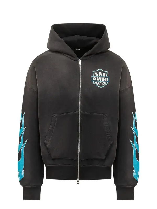 Amiri Full Zip Hoodie With Flame Detail - Black